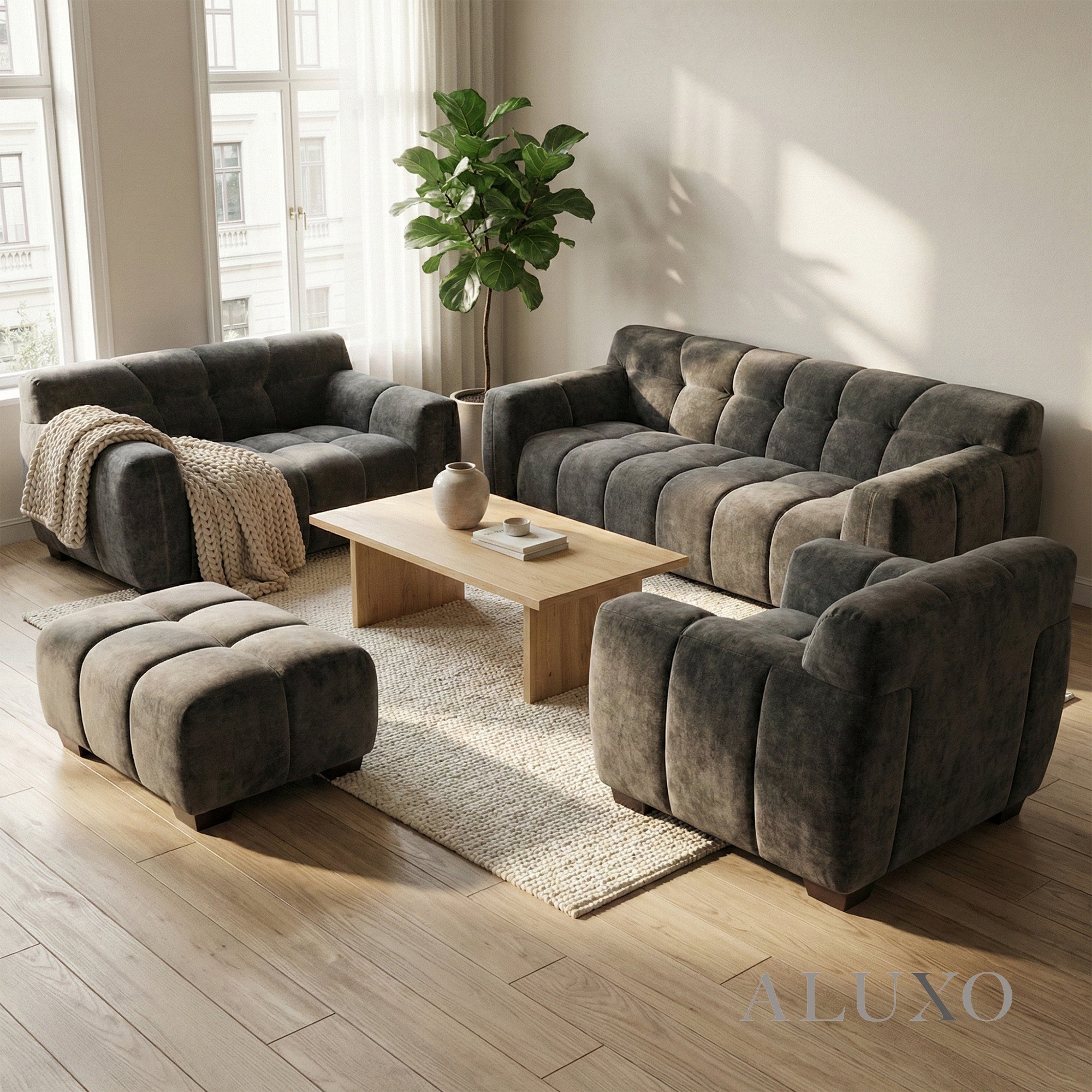 ALUXO® Harlem Full Sofa Set | 3+2 Seater, Armchair & Stool & Aluxo