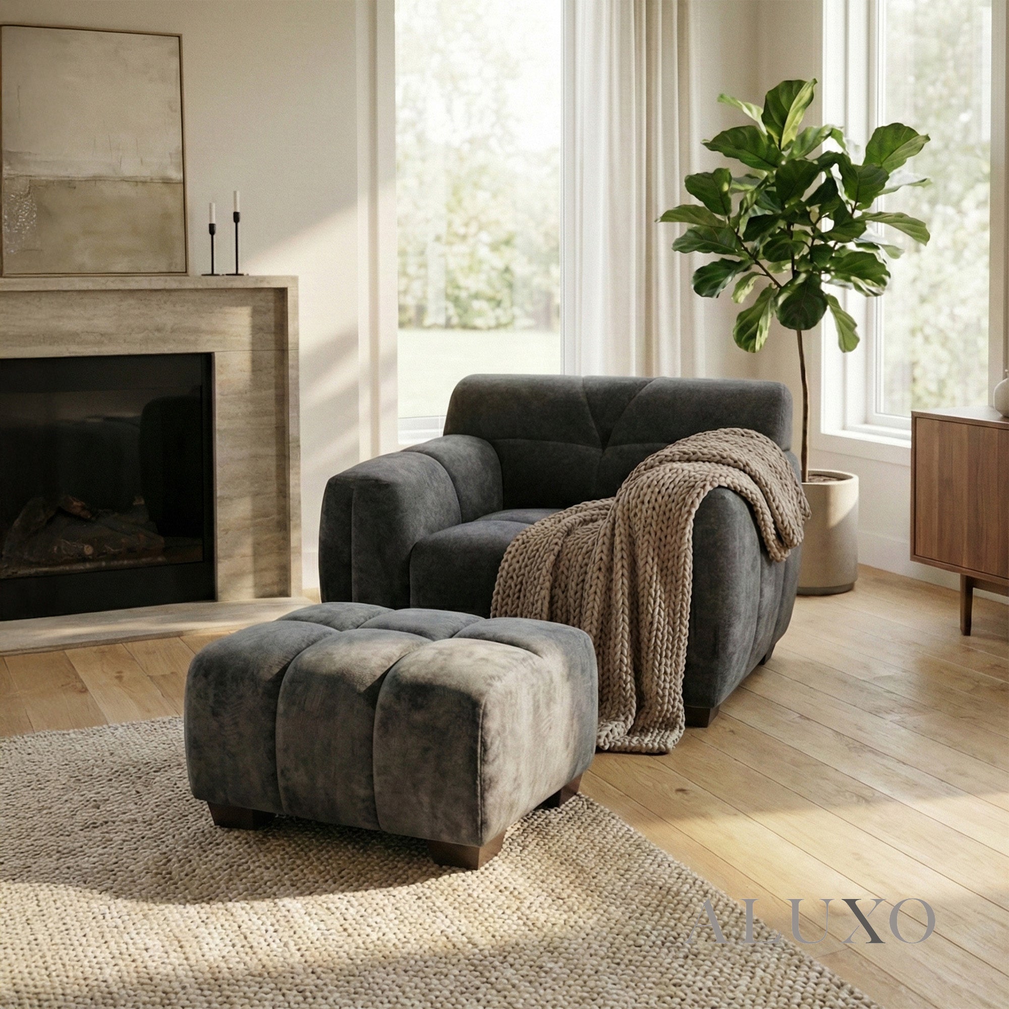 ALUXO® Harlem Modular Footstool | Steel Grey Mermaid Velvet & Aluxo